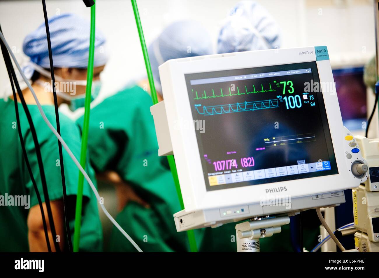 Anaesthetic monitoring equipment during surgery, St Antoine hospital ...