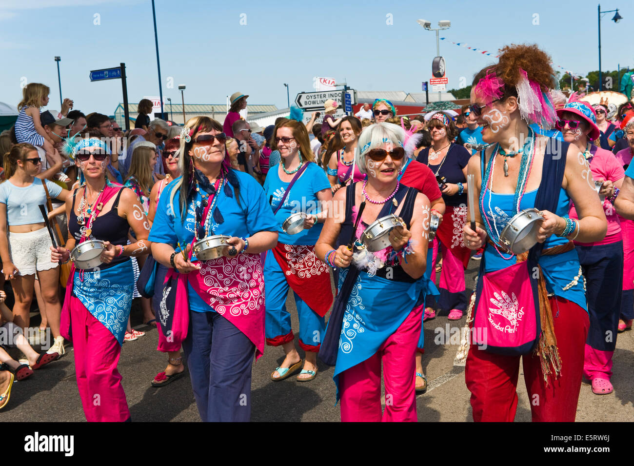 Samba Band In Parade At Whitstable Oyster Festival Kent England UK Samba Band In Parade At Whitstable Oyster Festival Kent England UK