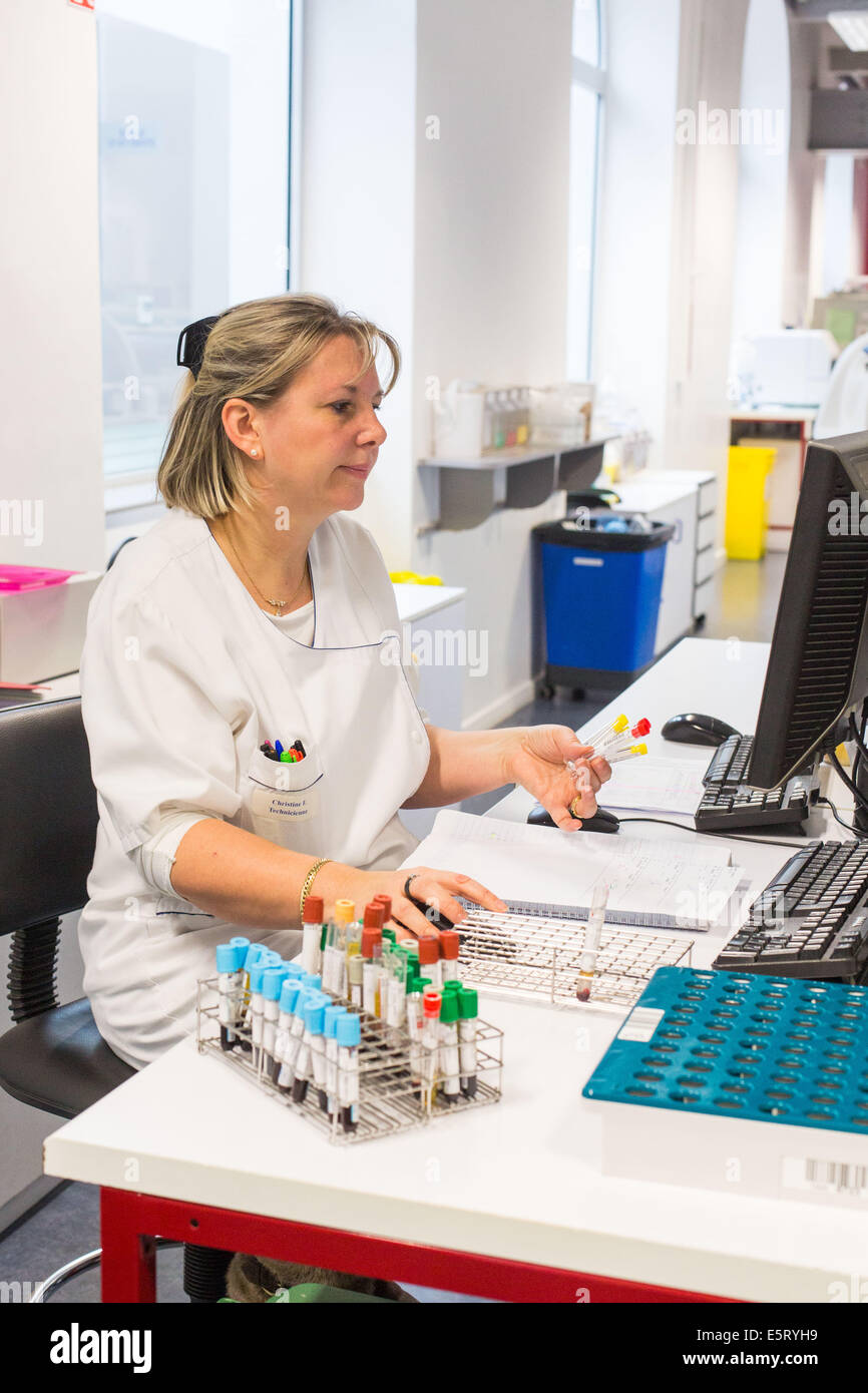 Female technician processing blood samples in a medical laboratory ...