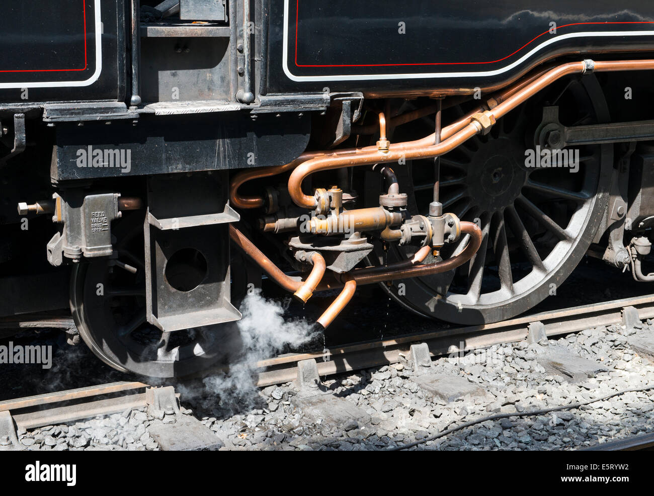 Steam emitting from a pipe on locomotive at Llangollen heritage railway ...
