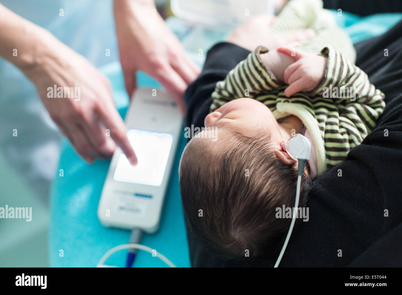 Newborn baby undergoing deafness screening test, Angoulême hospital ...