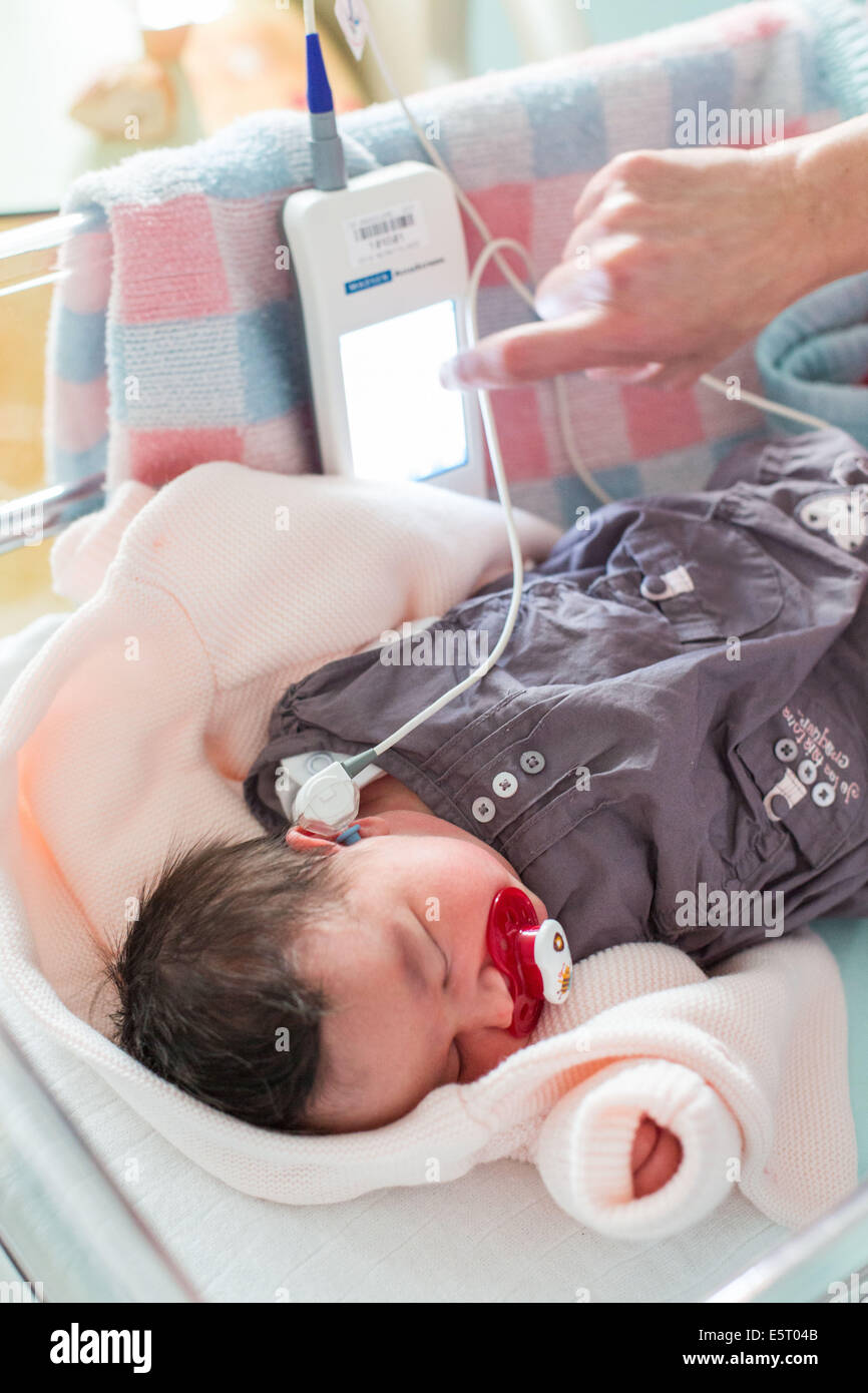 Newborn baby undergoing deafness screening test, Angoulême hospital ...