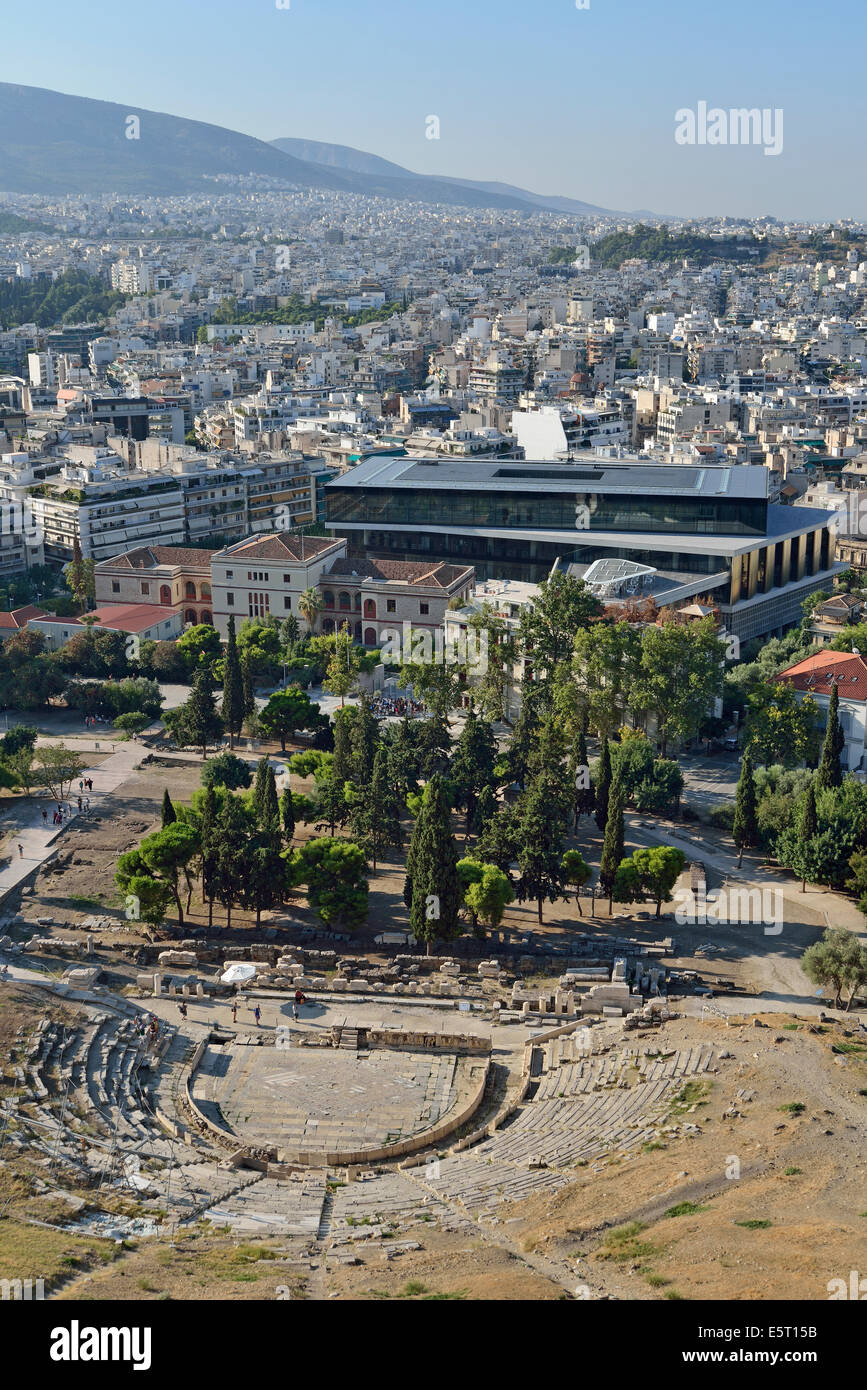 Theater of Dionysus and the new museum of Acropolis in Athens, Greece ...