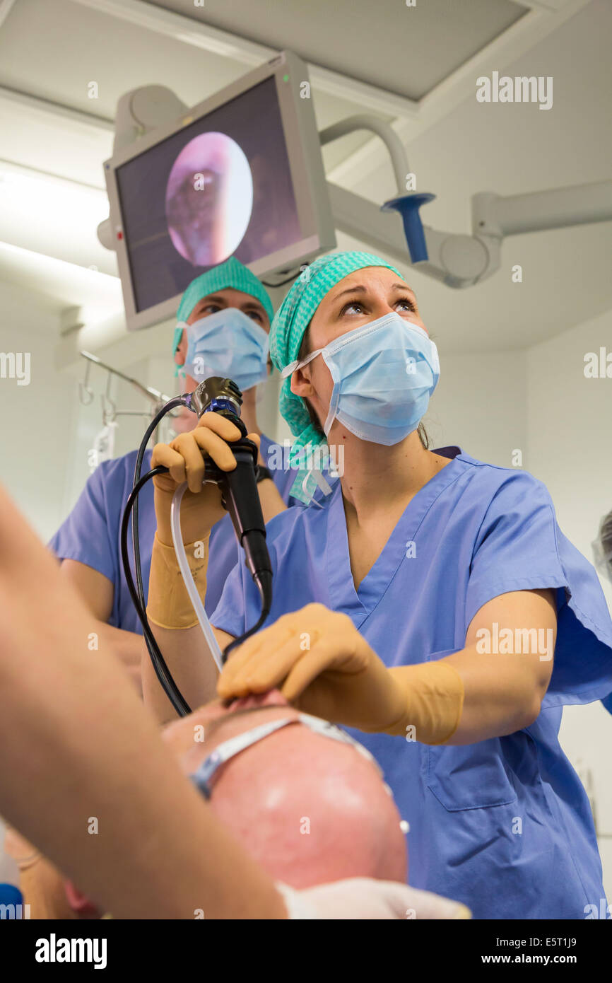 Patient under sleep endoscopy to determine the causes of snoring, Foch ...