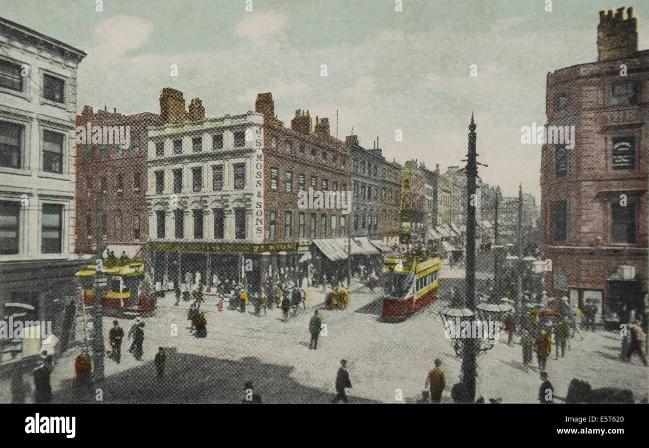 Coloured postcard, dated 1905, electric trams, people, shops, Market ...