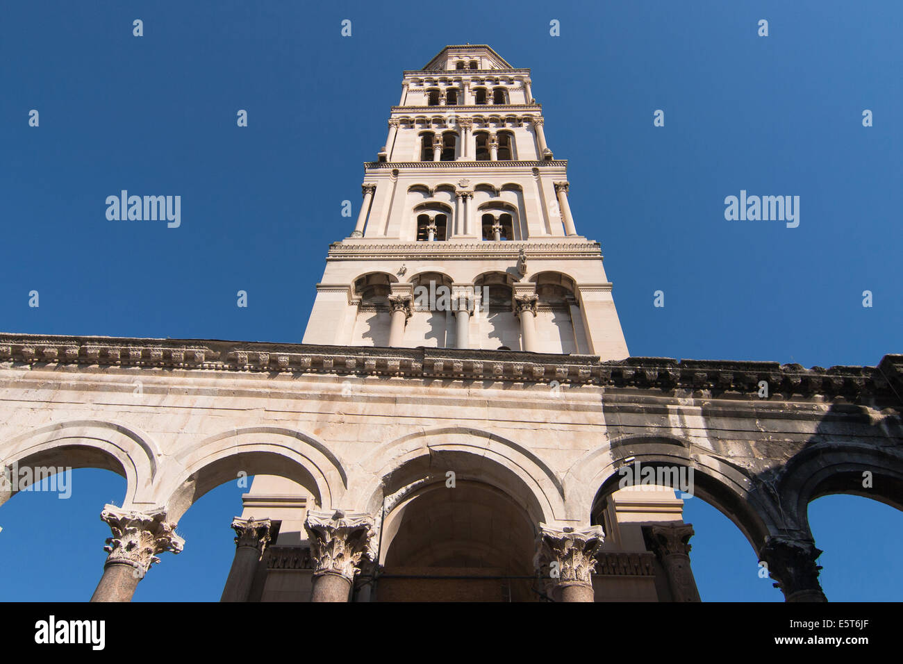 Cathedral belfry viewed through the arches of the Peristyle, Split ...