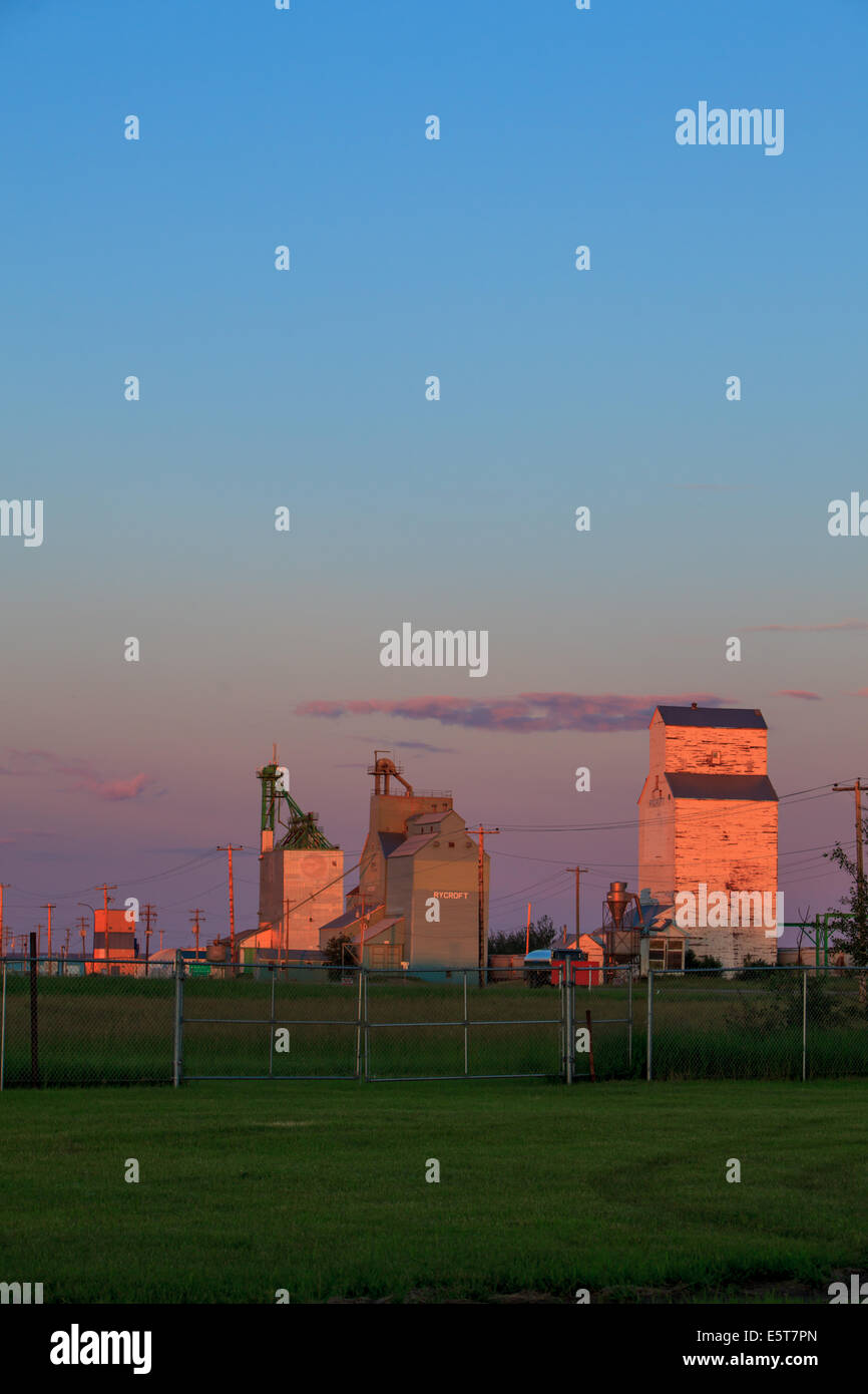 Traditional wooden grain elevators in Rycroft, Alberta, Canada with ...