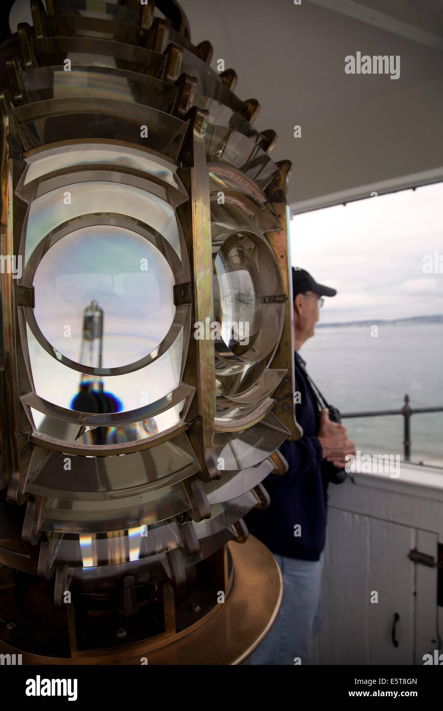 The Fresnel lens and a visitor at Point No Point Lighthouse lantern ...