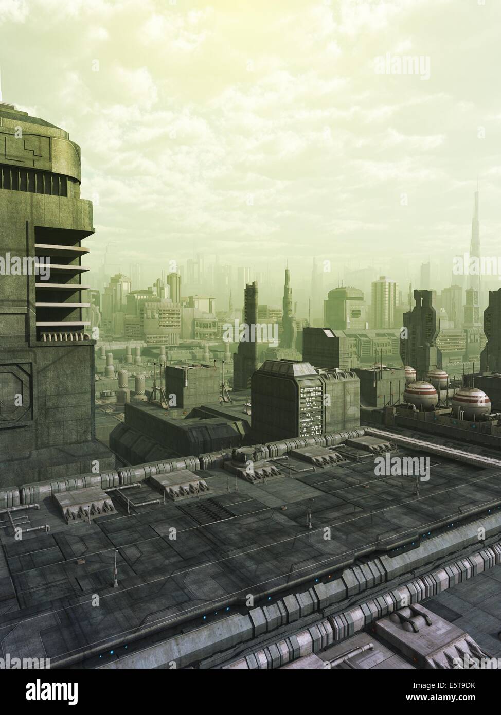 Future City Skyline in Green Haze Stock Photo - Alamy