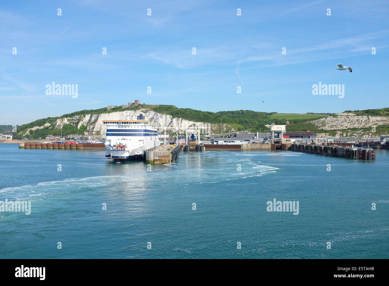 Wake of a ferry leaving the Port of Dover, England, UK. The Castle of ...
