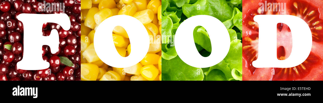 Healthy food word background. Fresh fruits and vegetables Stock Photo ...