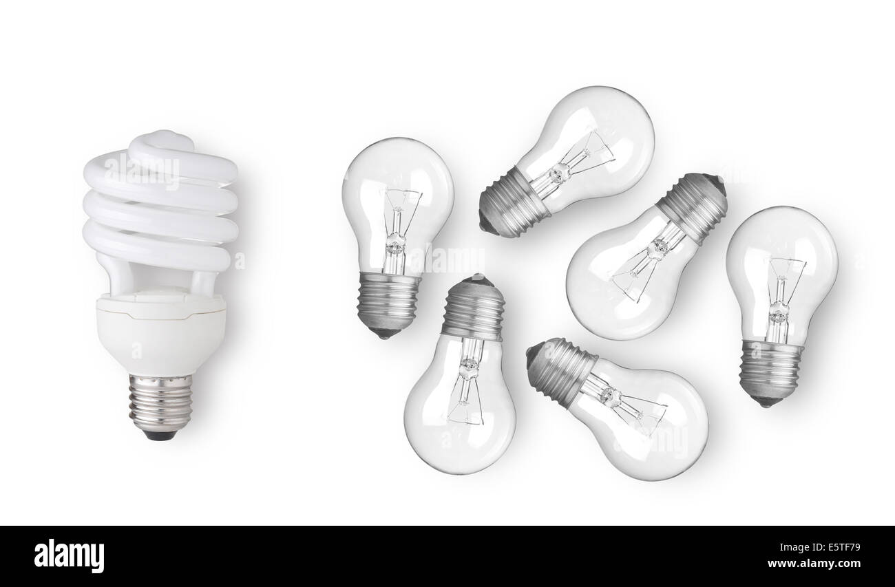 fluorescent light bulb and group of other light bulbs Stock Photo - Alamy
