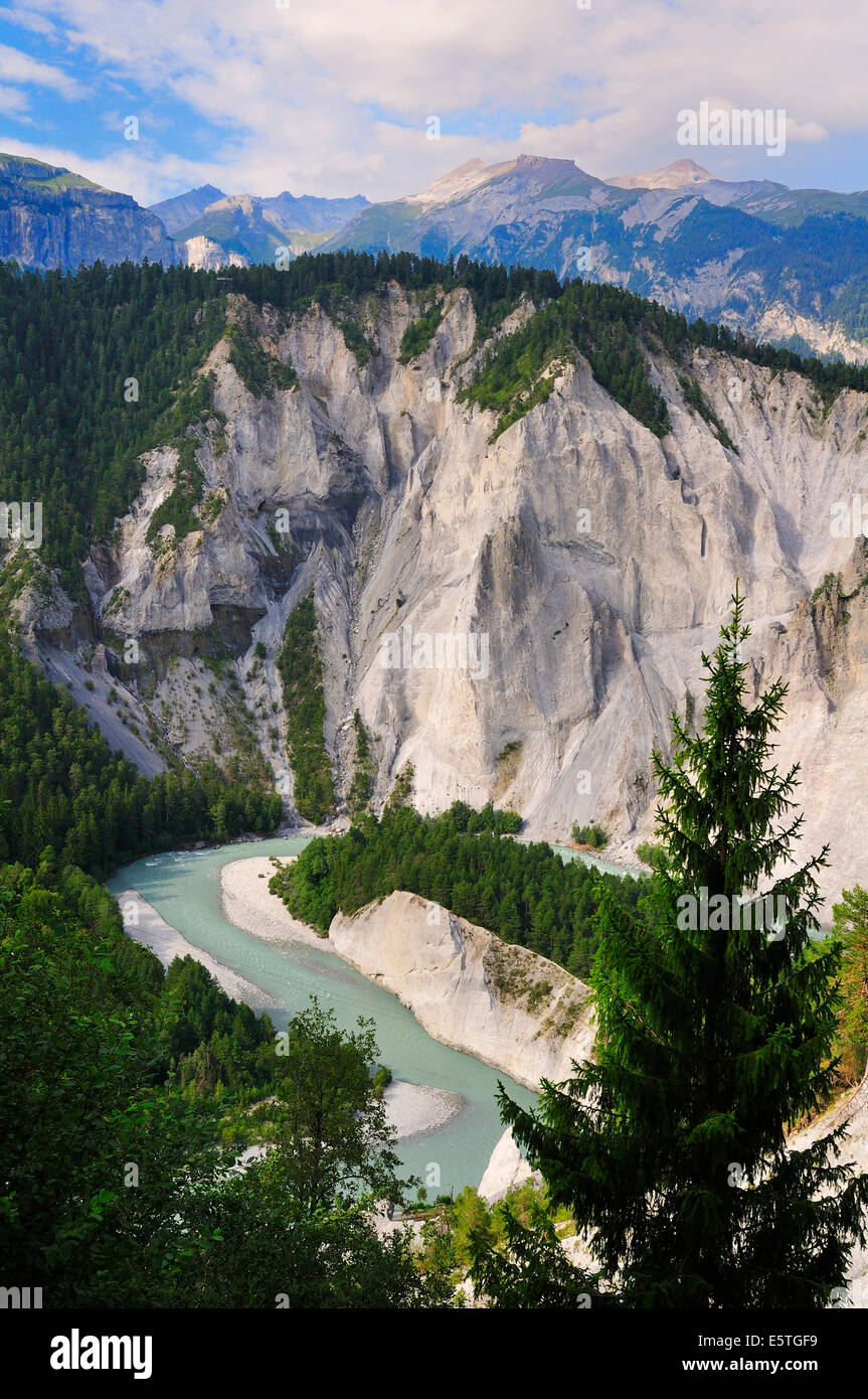 Limestone cliffs at a river bend of the Vorderrhein, Ruinaulta valley ...