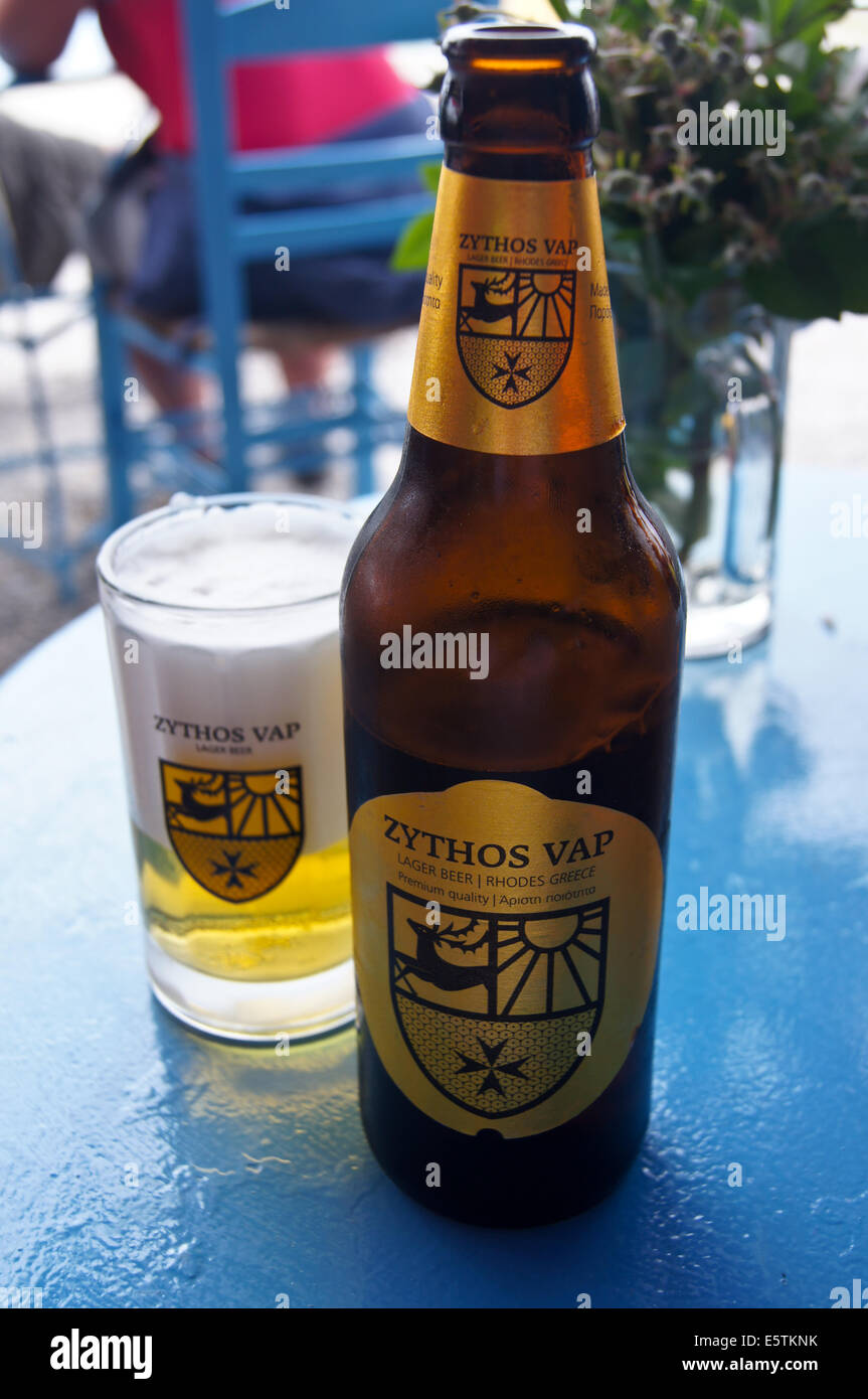 A bottle and glass of Zythos Vap Greek beer at the Therma hot springs ...