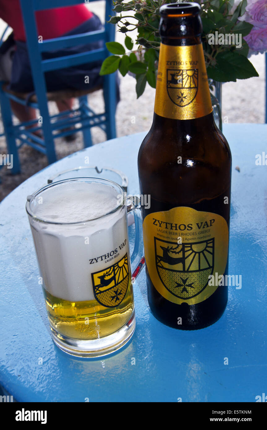 A bottle and glass of Zythos Vap Greek beer at the Therma hot springs ...