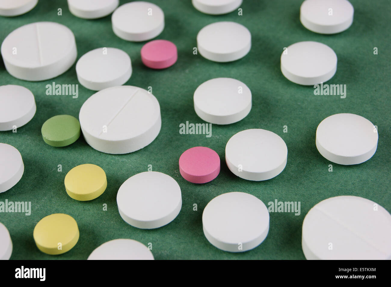 Pills and tablets on a green background Stock Photo - Alamy