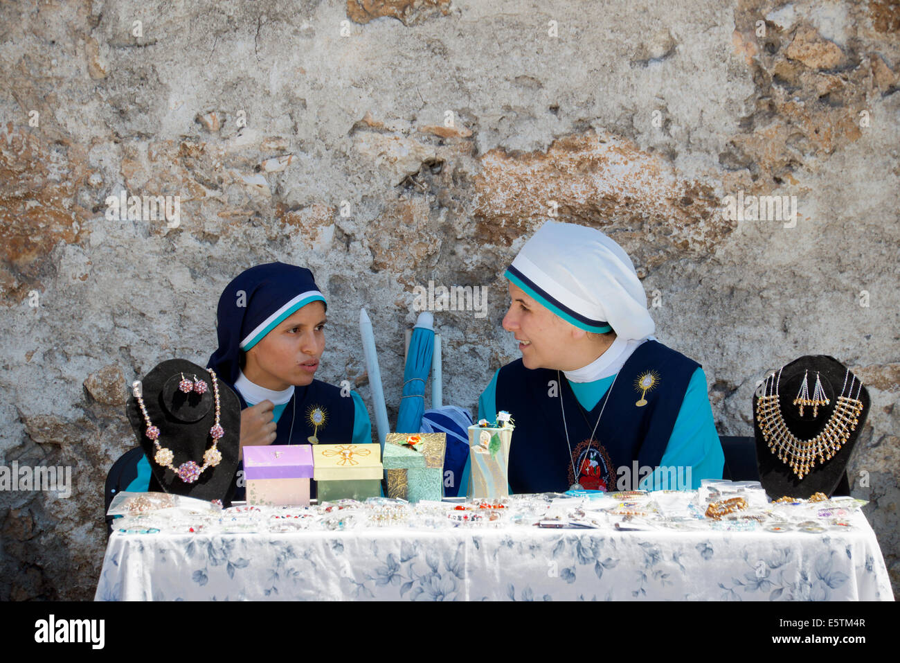 Two nuns outside Cathedral selling at church gift stall Merida Yucatan ...