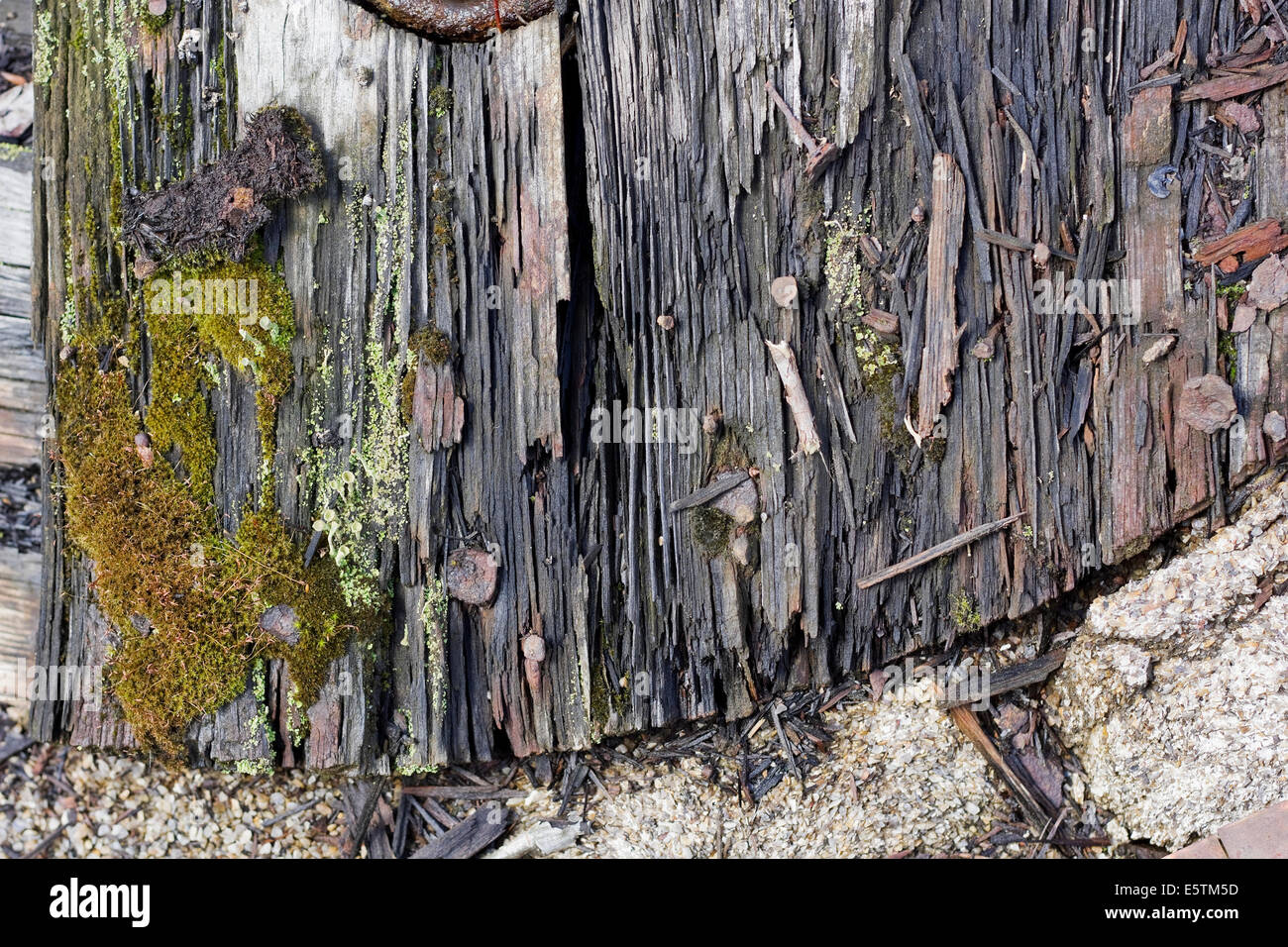 Texture of a rotten mossy mouldering wooden and stone board with rusty ...