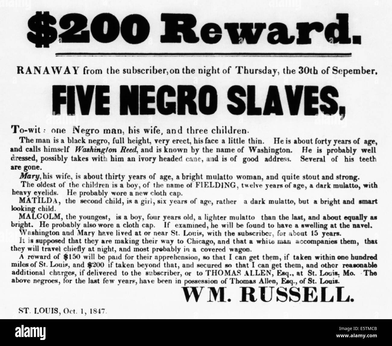 Vintage public notice offering a reward for the capture of runaway ...