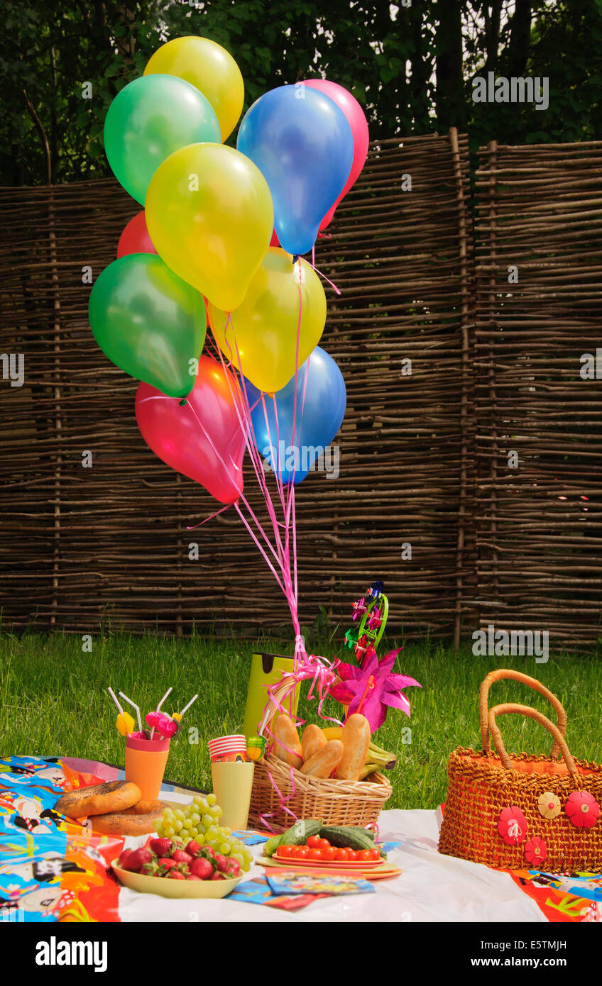 home garden party, picnic with balloons Stock Photo - Alamy