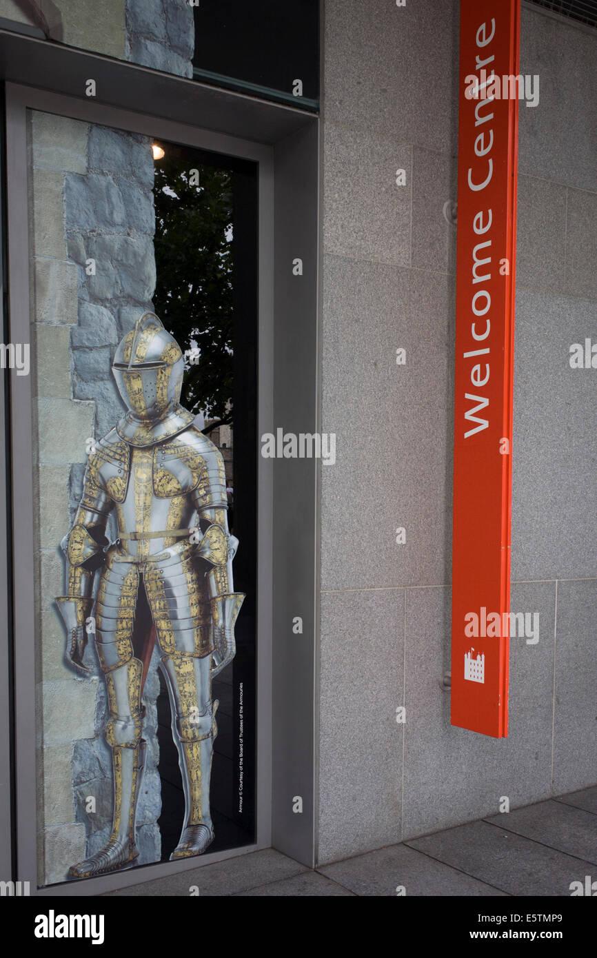 Suit of medieval armour and sign for the Tower of London's Welcome ...