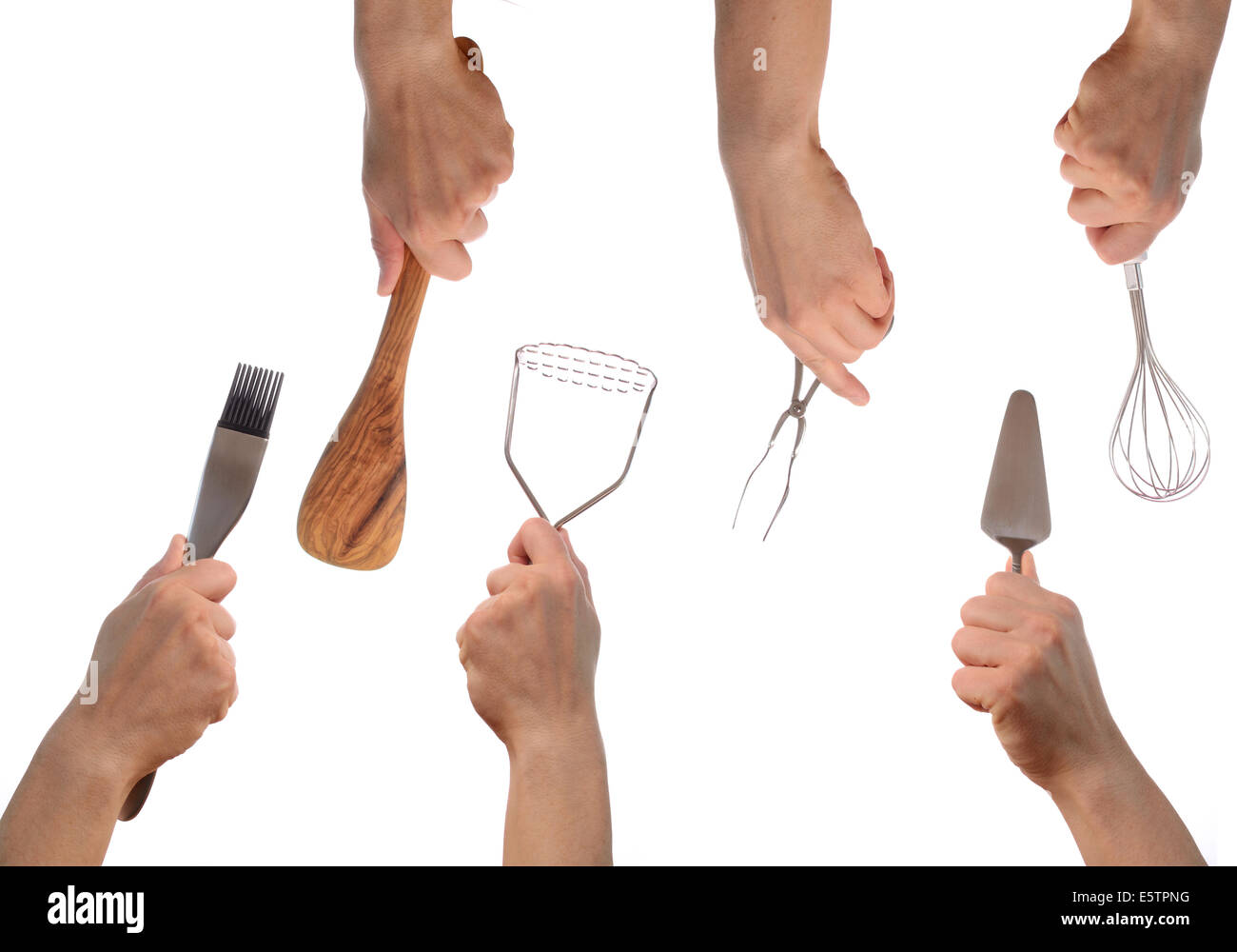 Hands with kitchen tools on a white background Stock Photo - Alamy