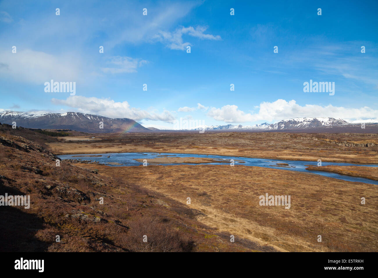 Icelandic landscape with rainbow near Almannagja rift, on the Golden ...