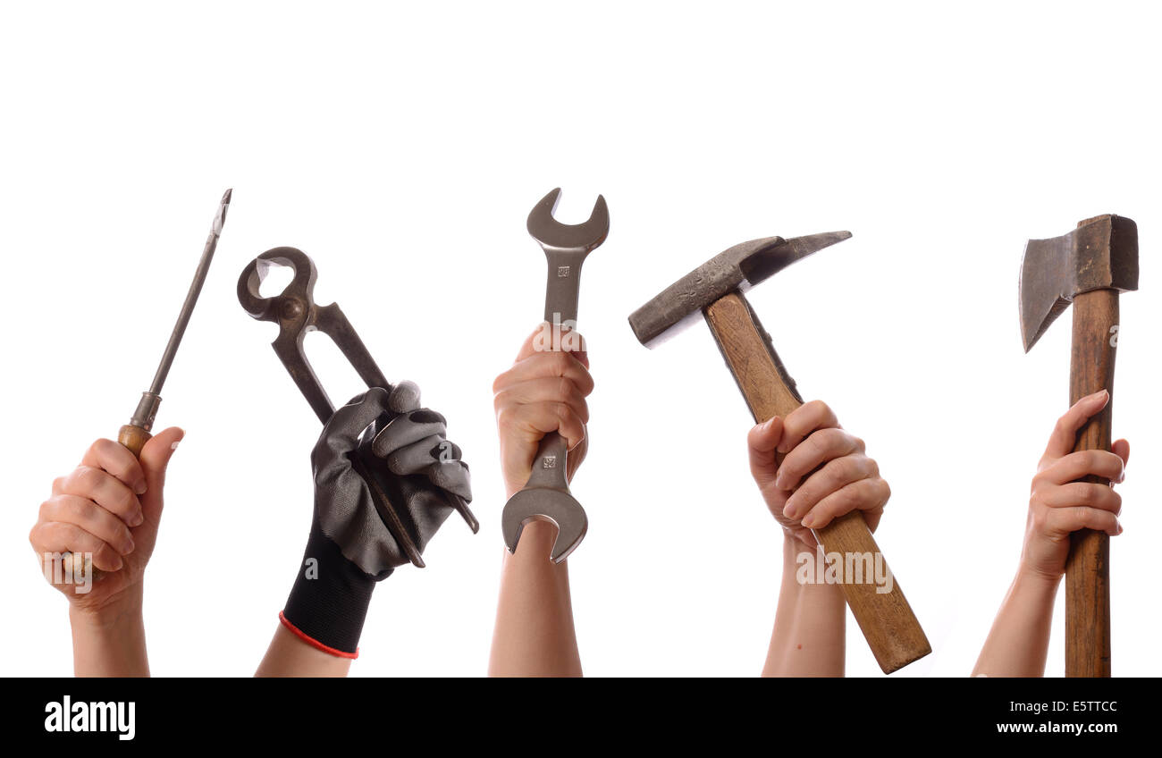 Female hands with old used tools on a white background Stock Photo - Alamy