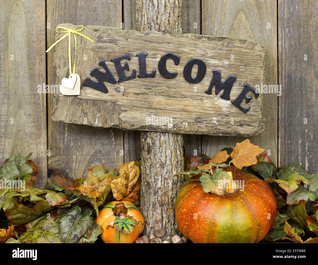 Rustic welcome sign with autumn leaves border Stock Photo - Alamy