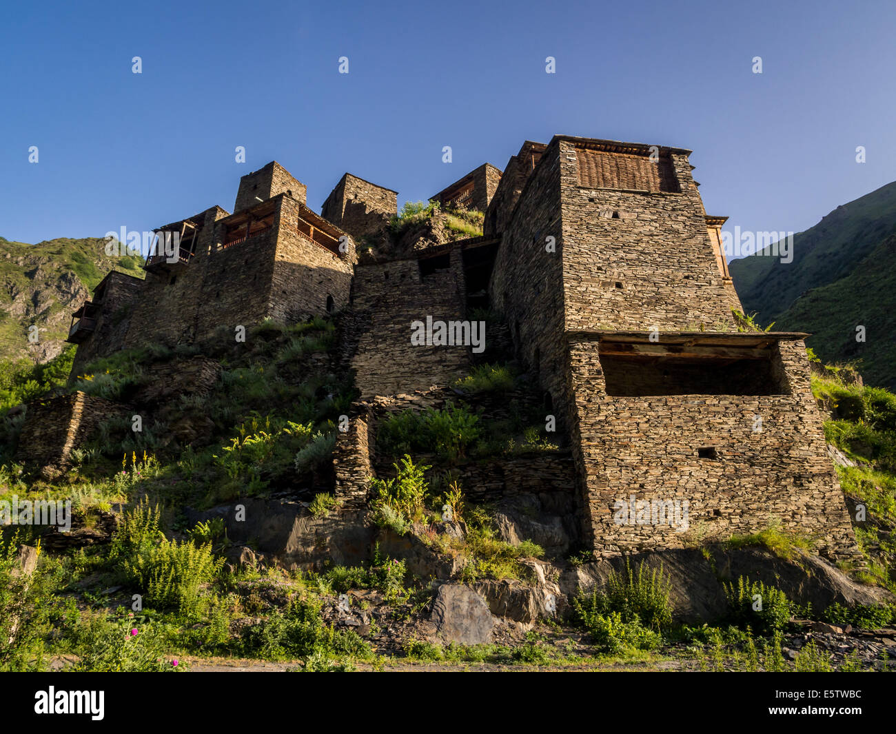 Shatili village in Upper Khevsureti, Georgia, at sunrise Stock Photo ...