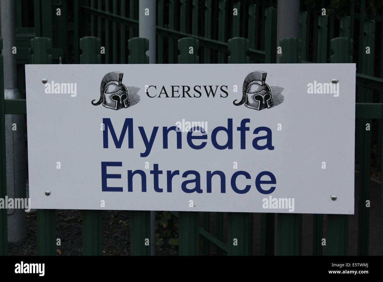 Caersws railway station entrance sign featuring roman helmets Stock ...