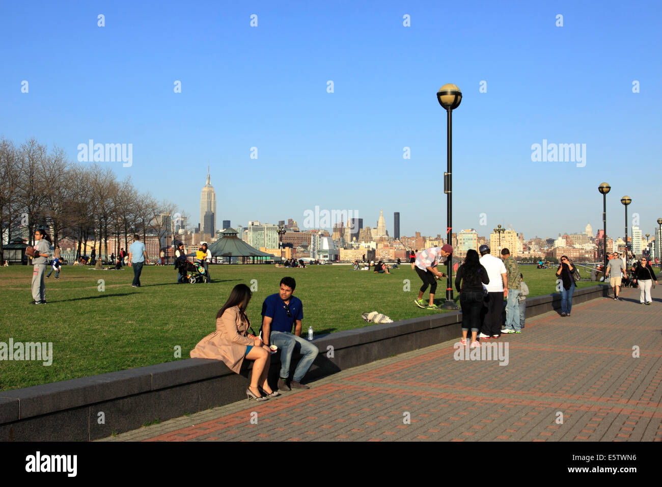 Waterfront park on Hudson River Hoboken New Jersey looking east toward ...