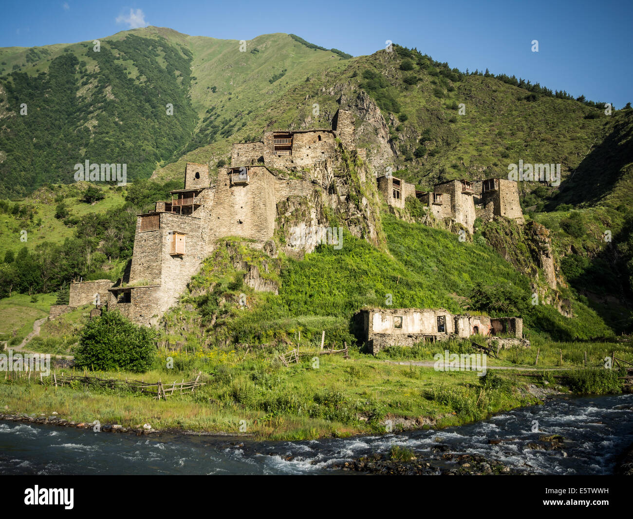 Shatili village in Upper Khevsureti, Georgia, at sunrise Stock Photo ...