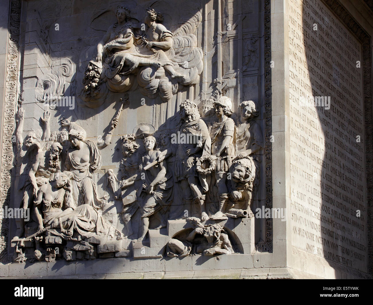 Allegorical relief at base of the Monument, woman as London on ruins of ...