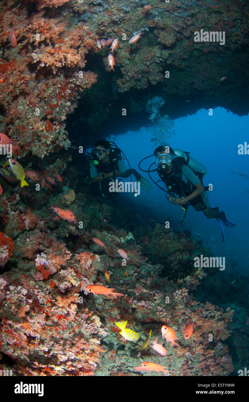 Two divers exploring HP reef in Maldives, north Male' atoll Stock Photo ...
