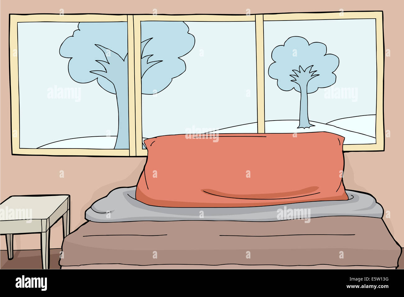 Hand drawn cartoon bedroom background with large windows Stock Photo ...