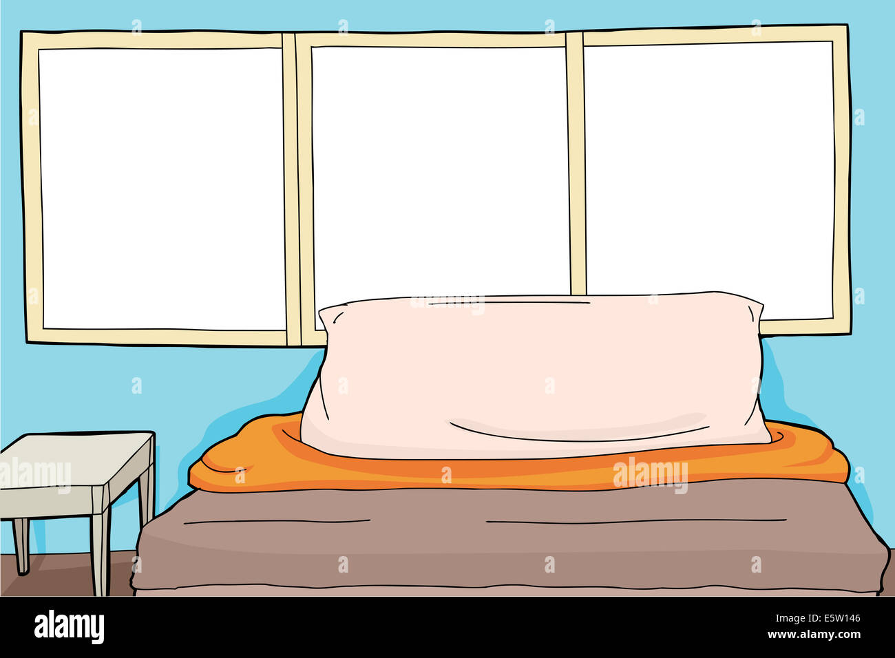 Bed and night stand in cartoon room with white windows Stock Photo - Alamy