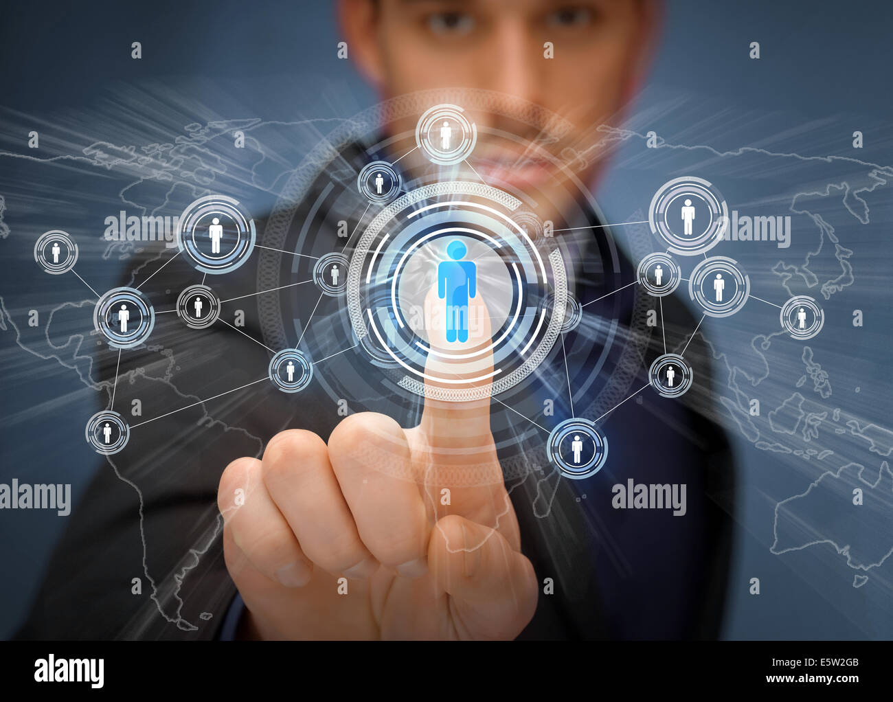 businessman pressing button with contact Stock Photo - Alamy