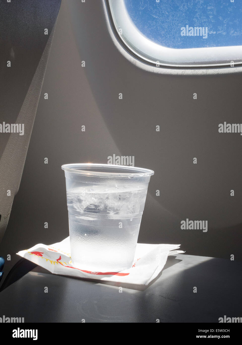 Plastic Cup Filled with Water Aboard Airplane Tray Table, USA Stock ...