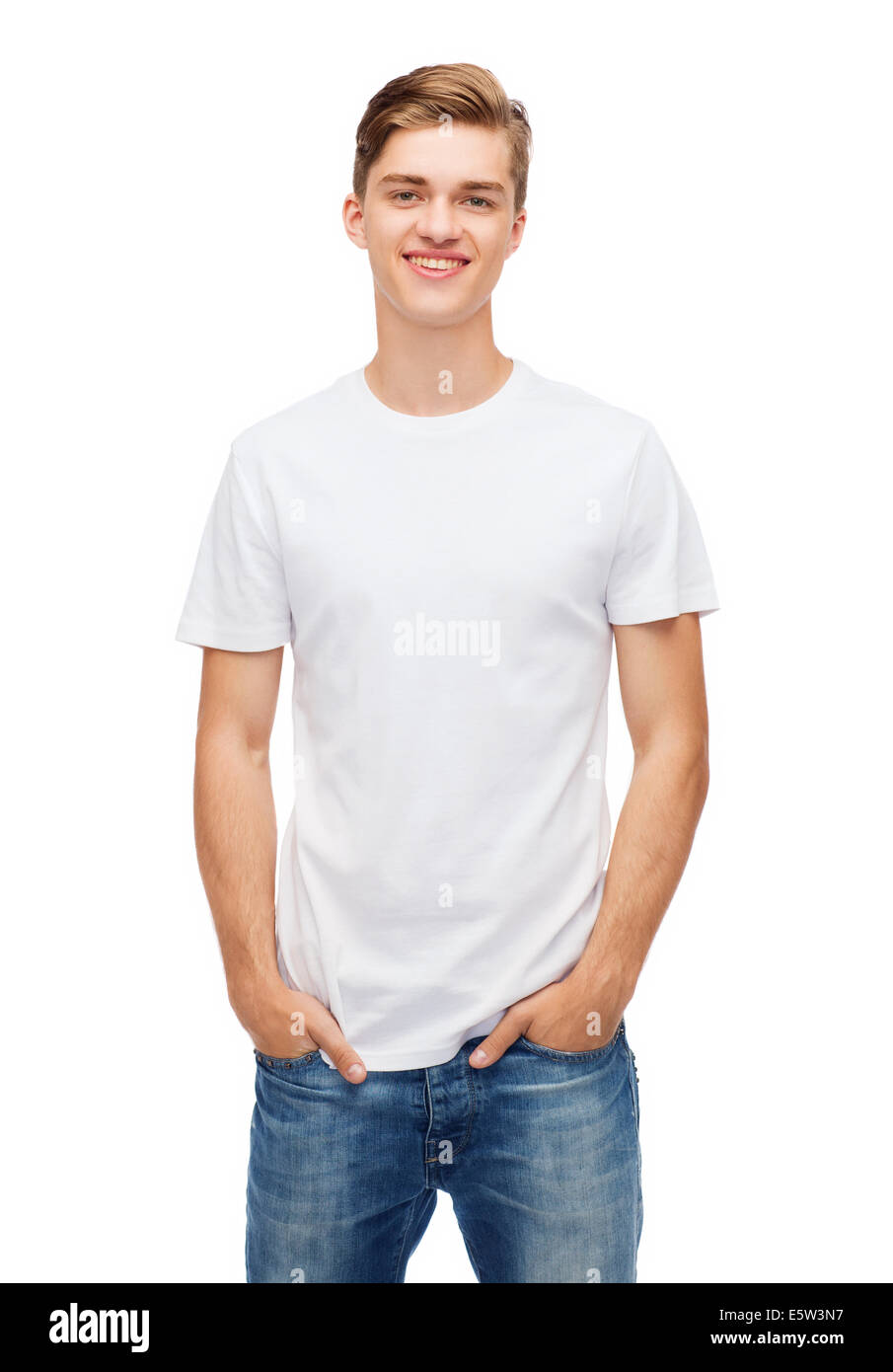smiling young man in blank white t-shirt Stock Photo - Alamy