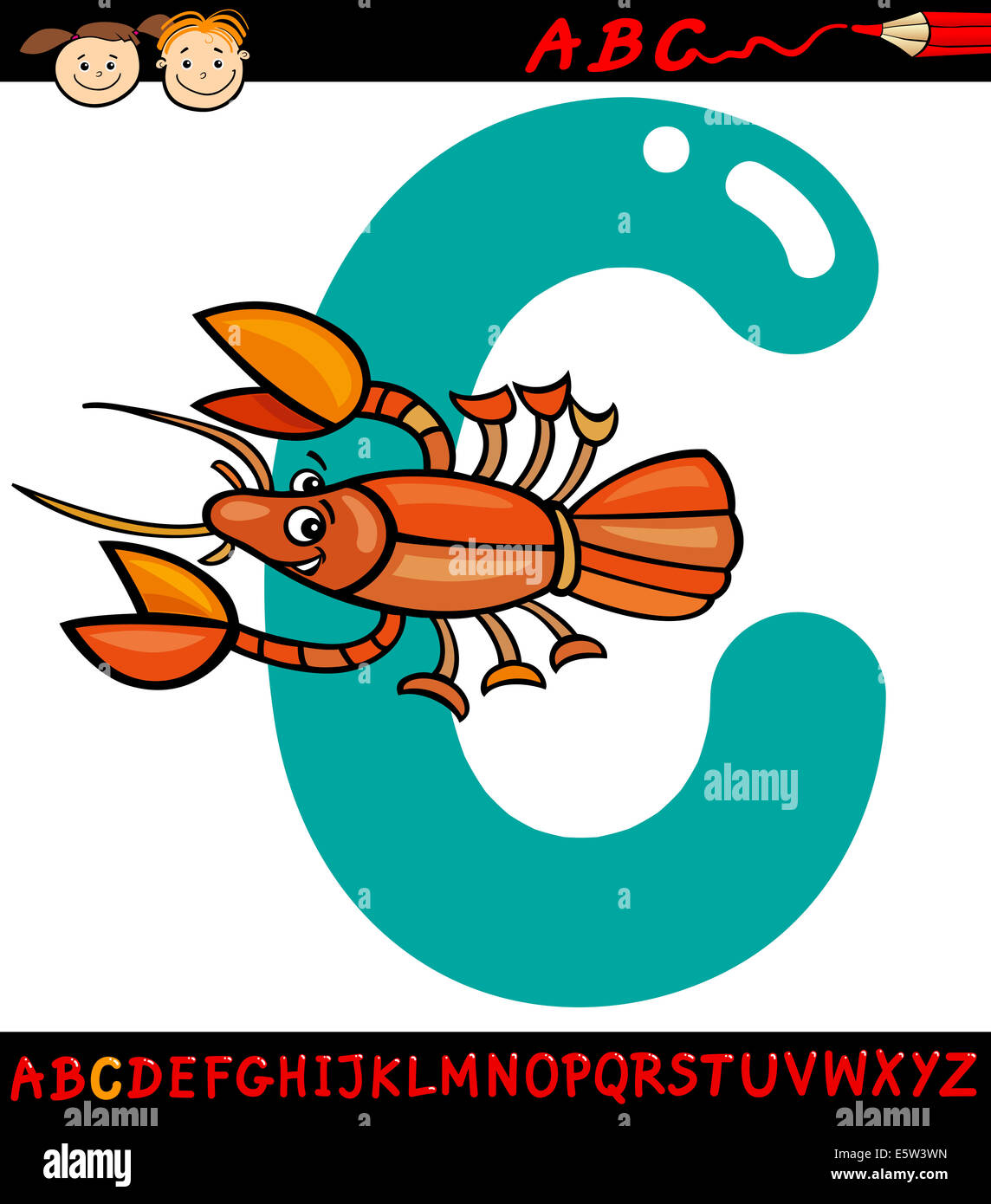 Cartoon Illustration of Capital Letter C from Alphabet with Crayfish ...