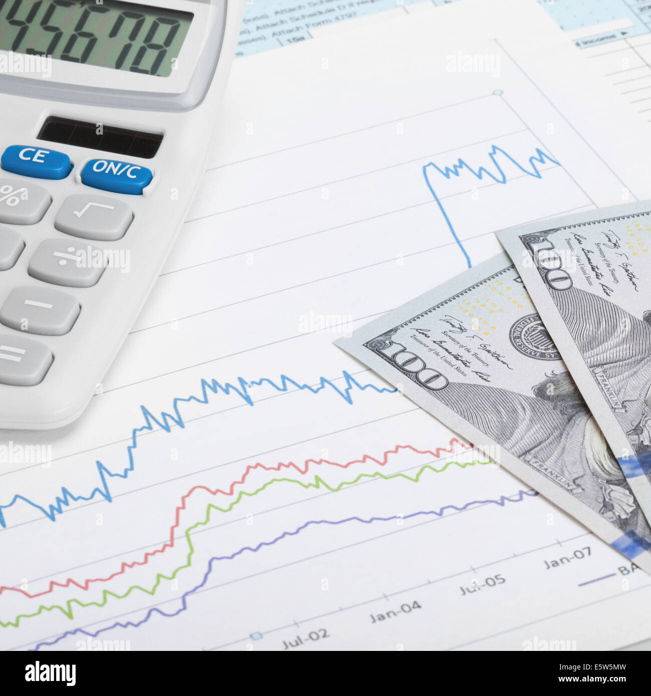 Stock market graph with 100 dollars banknote and calculator - 1 to 1 ...