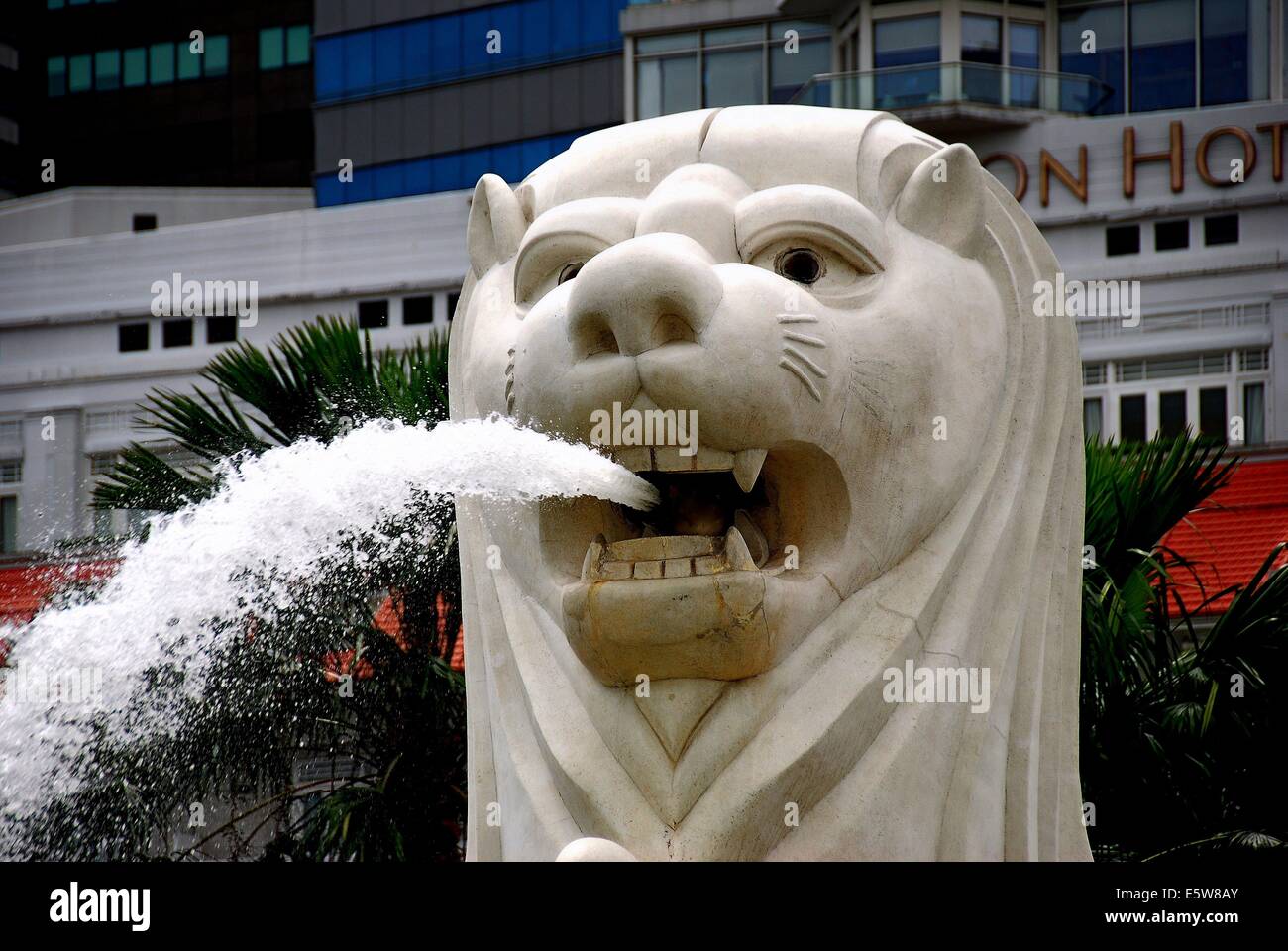 SINGAPORE: Closeup of the lion face of the famed MERLION Fountain at ...