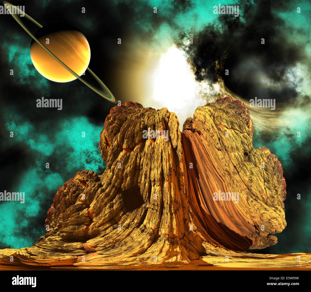 Alien Rock with space background and a planet Stock Photo - Alamy