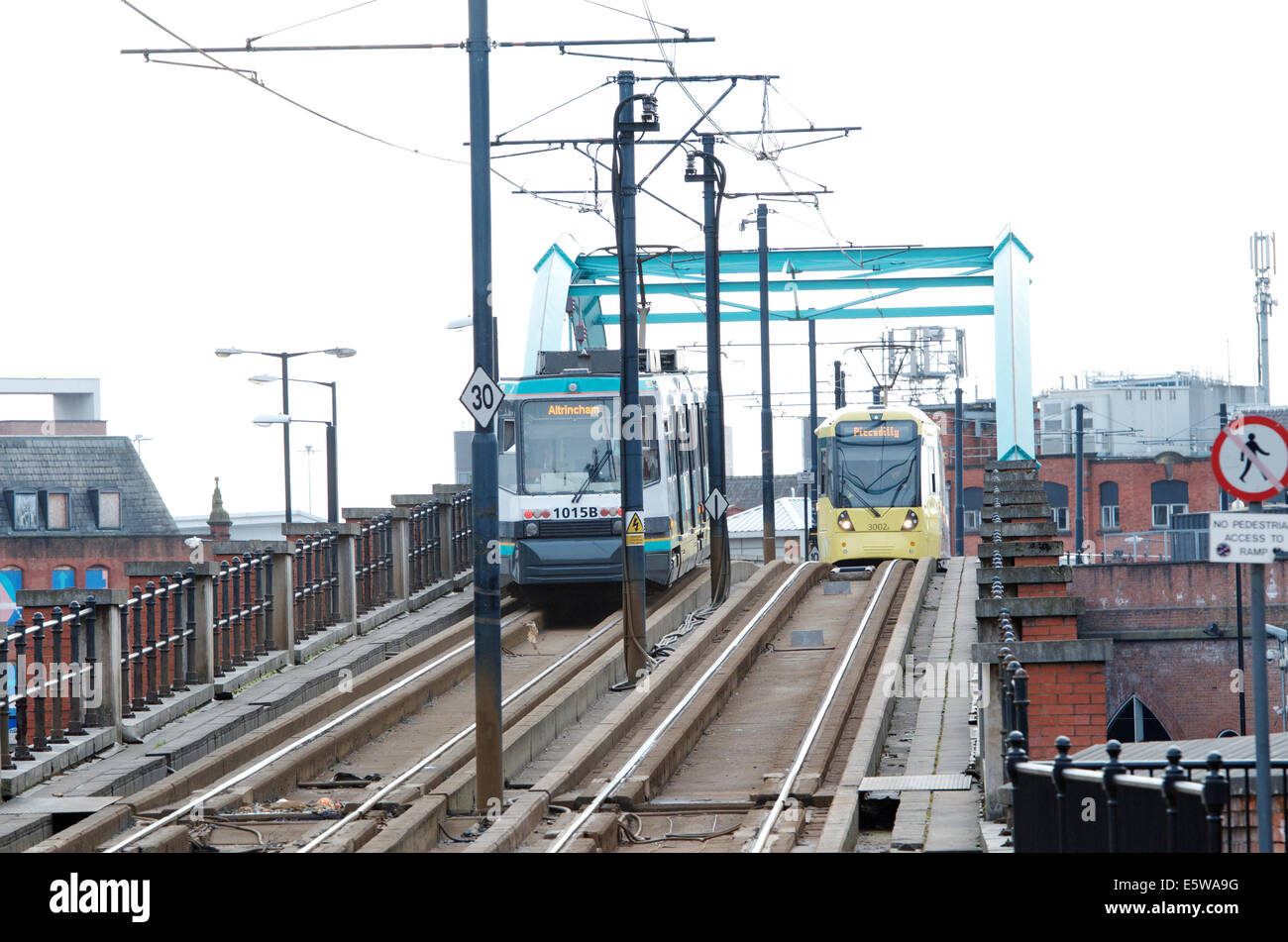 Manchester Trams on the elevated tram line at Lower Mosley Street Stock ...