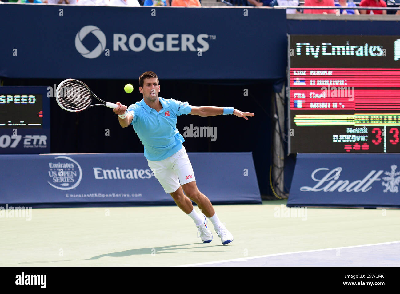 Toronto, Canada. 6th Aug, 2014. Novak Djokovic of Serbia returns a shot ...