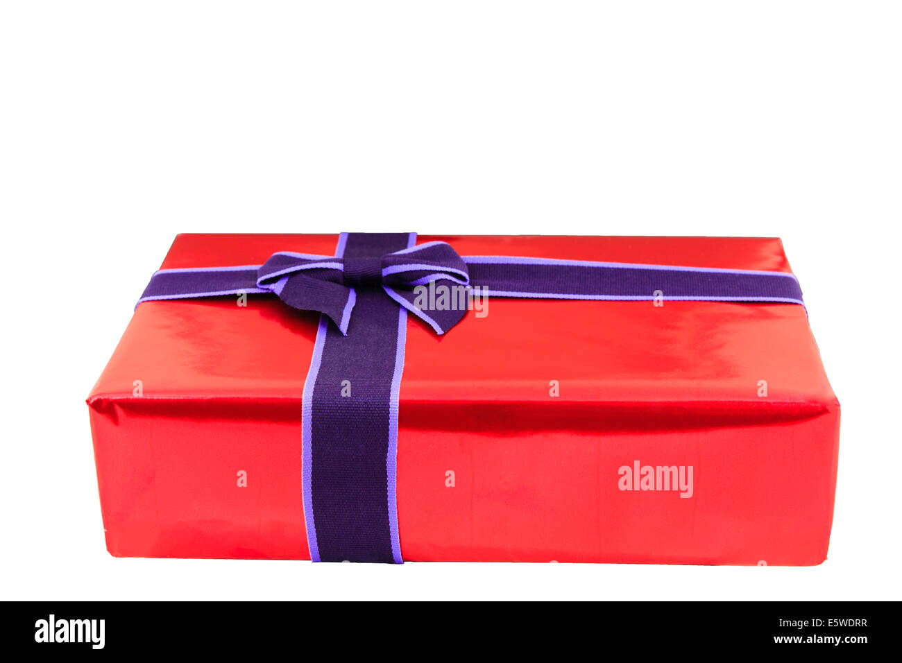 Present wrapped in red with blue ribbon Stock Photo - Alamy