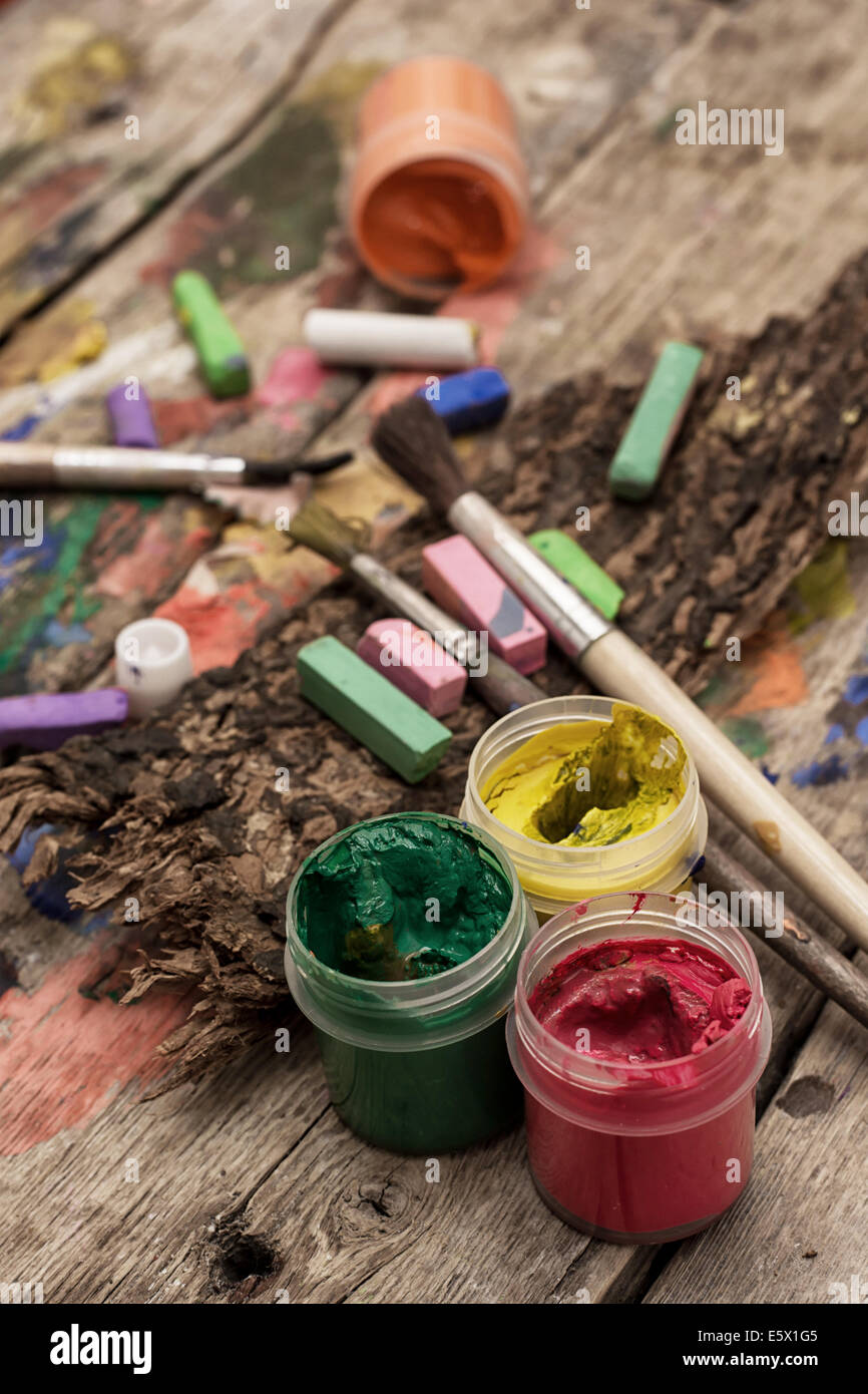 color paints,crayons for drawing in old style Stock Photo - Alamy