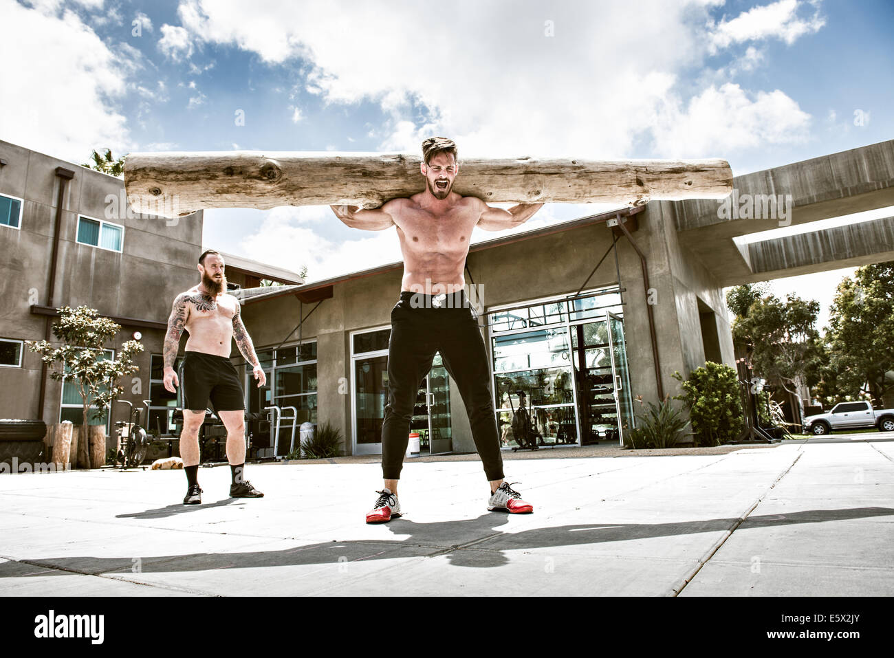Man lifting log outdoors Stock Photo - Alamy