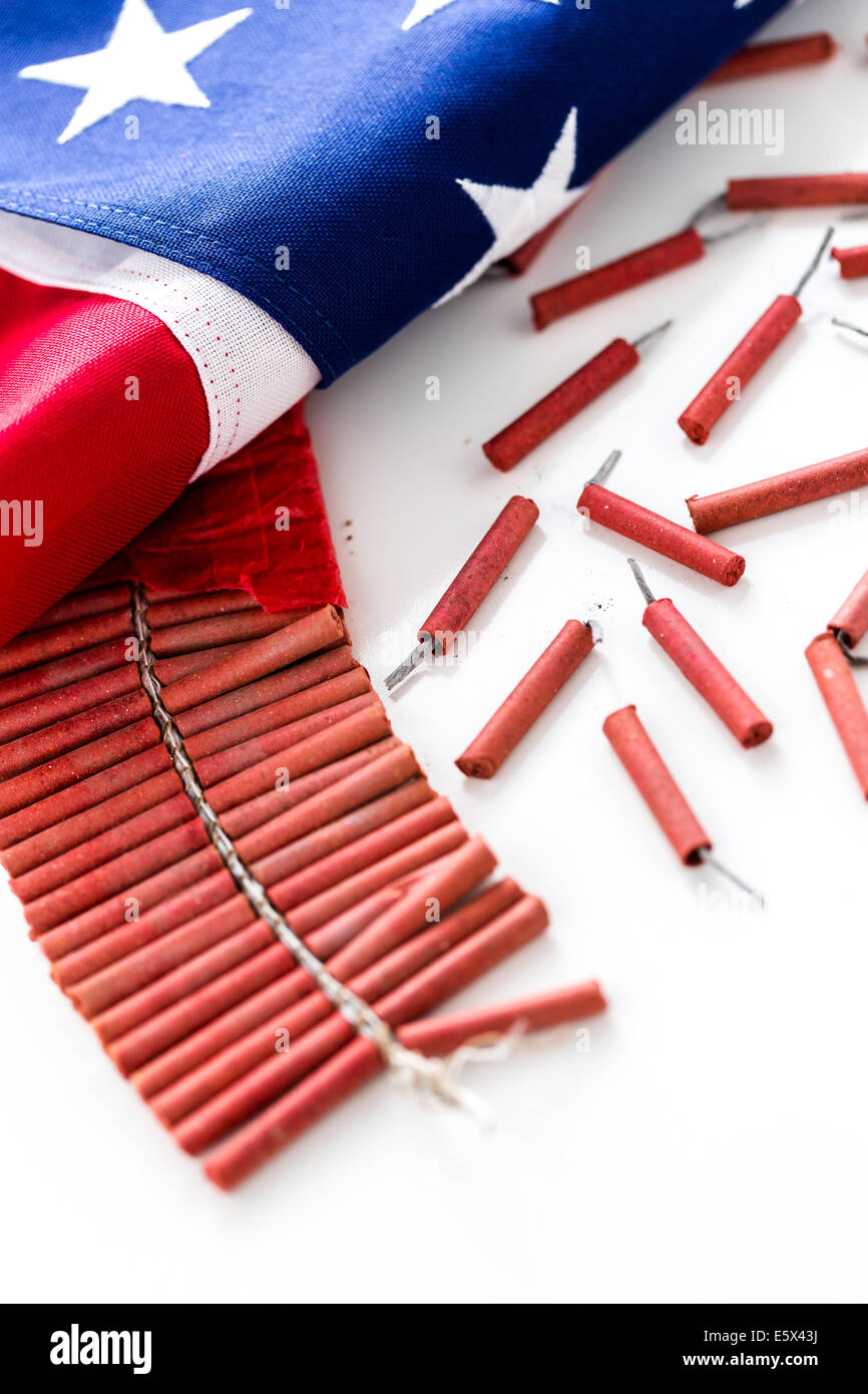Roll of firecrackers with American flag on a white background Stock ...